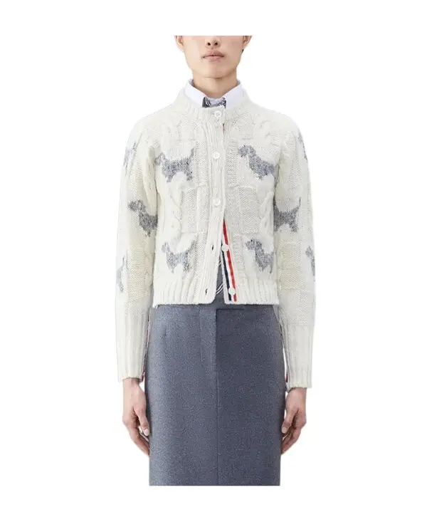 Thom Browne Hector Cable-knit Cardigan With Dog Intarsia - White