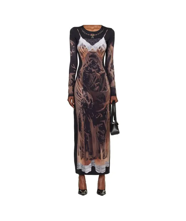 MARINE SERRE Long Sleeve Stretch Knit Maxi Dress - Black