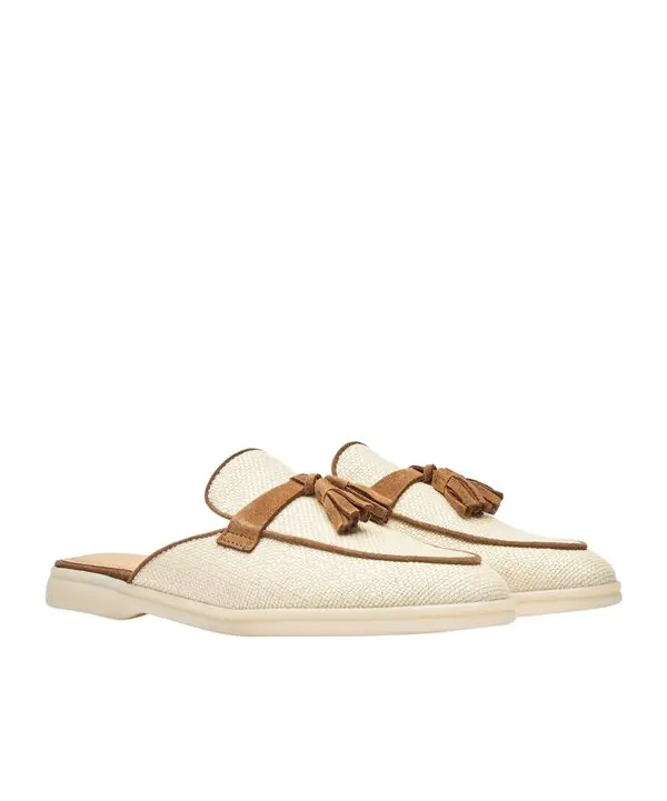 SCAROSSO Lucrezia Raffia Tassel Slip-on Mules - Beige
