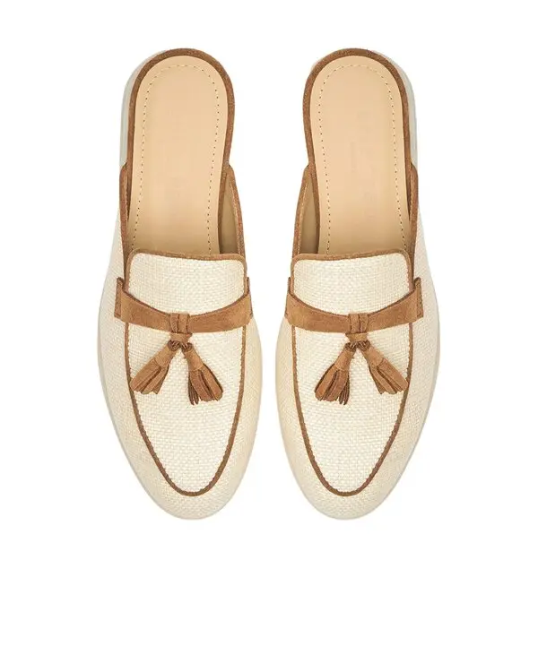 SCAROSSO Lucrezia Raffia Tassel Slip-on Mules - Beige