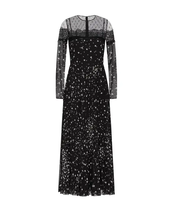 Red Valentino Long Sleeve Printed Pleated Dress - Black