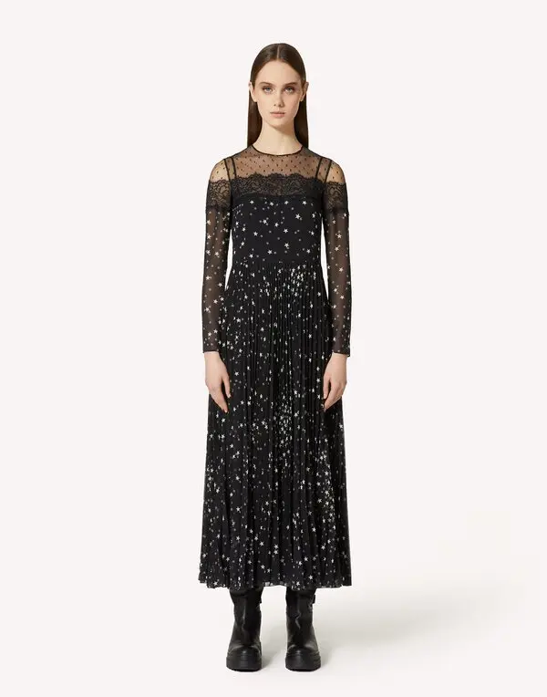 Red Valentino Long Sleeve Printed Pleated Dress