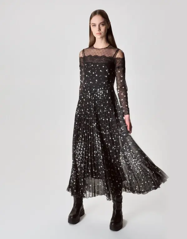 Red Valentino Long Sleeve Printed Pleated Dress