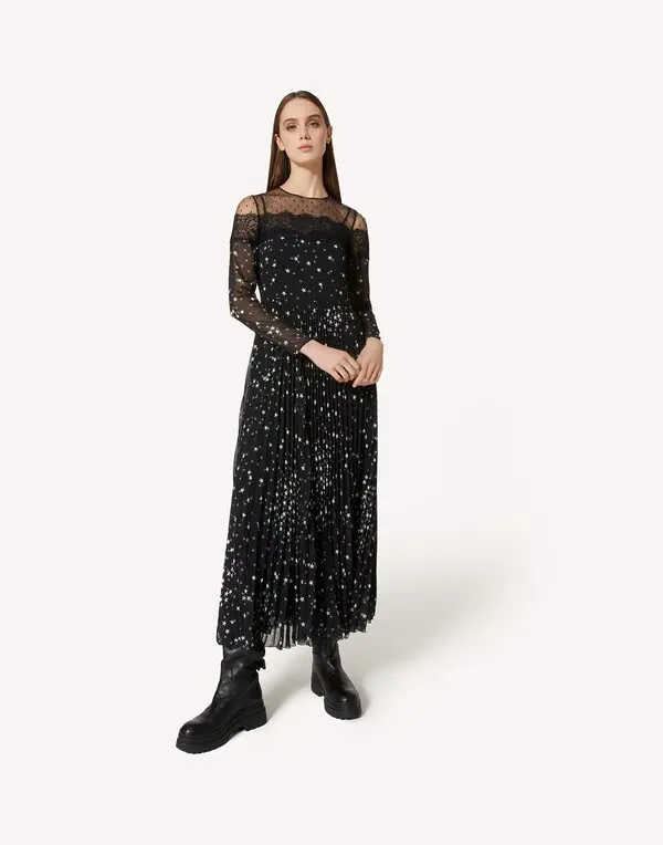 Red Valentino Long Sleeve Printed Pleated Dress