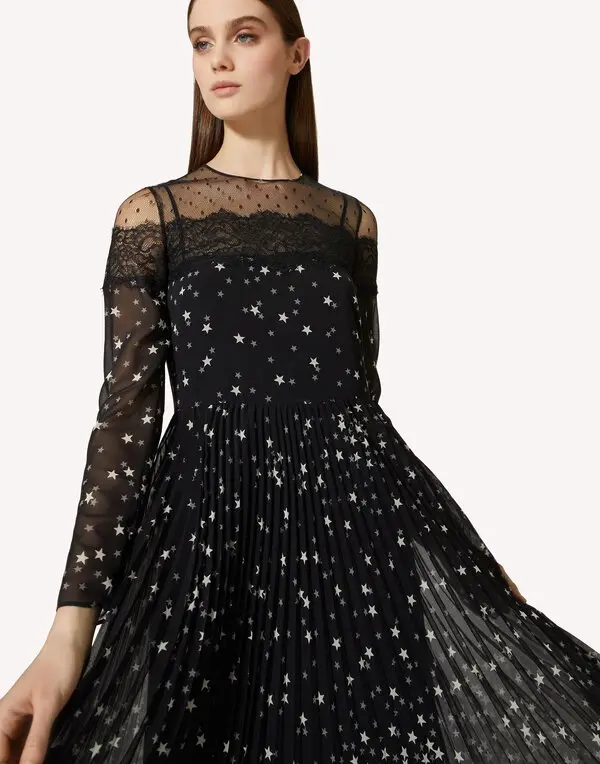 Red Valentino Long Sleeve Printed Pleated Dress