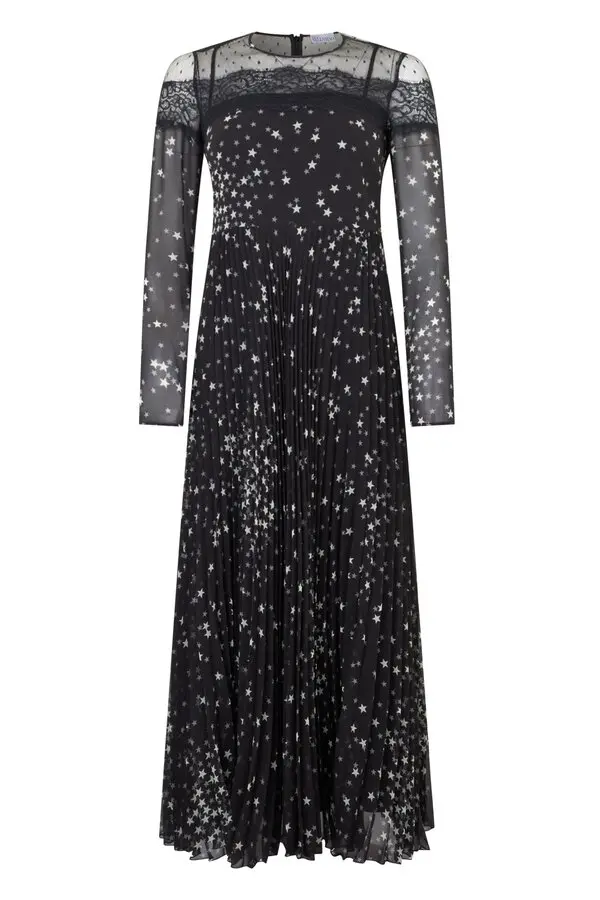 Red Valentino Long Sleeve Printed Pleated Dress - Black