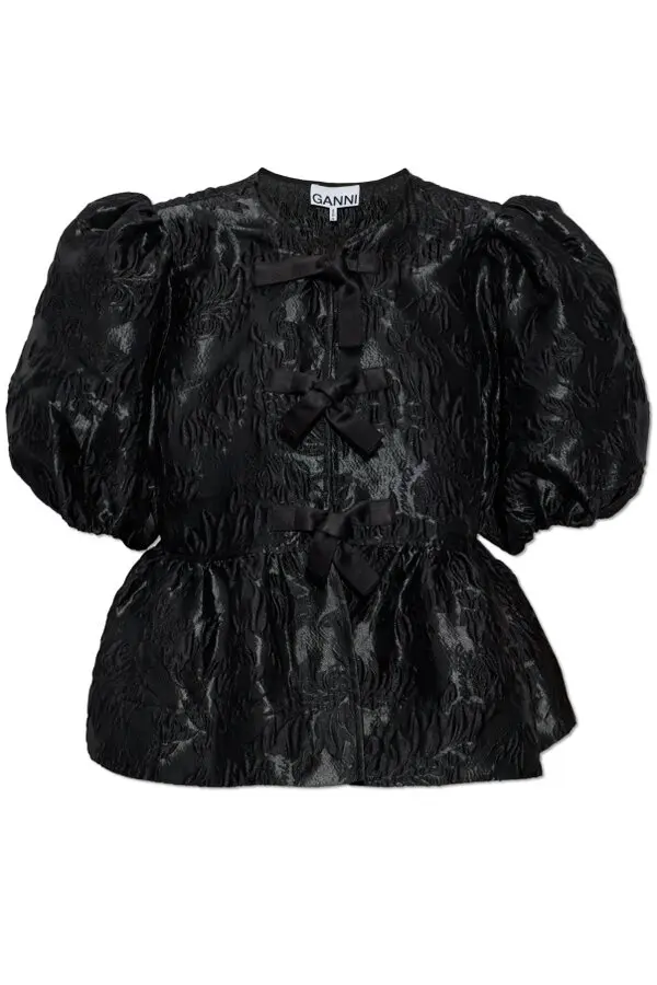 GANNI Peplum Tie Blouse With Puff Sleeves And Floral Embossing - Black