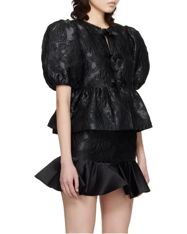 GANNI Peplum Tie Blouse With Puff Sleeves And Floral Embossing - Black