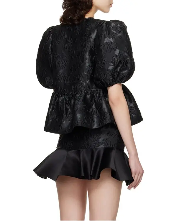 GANNI Peplum Tie Blouse With Puff Sleeves And Floral Embossing - Black