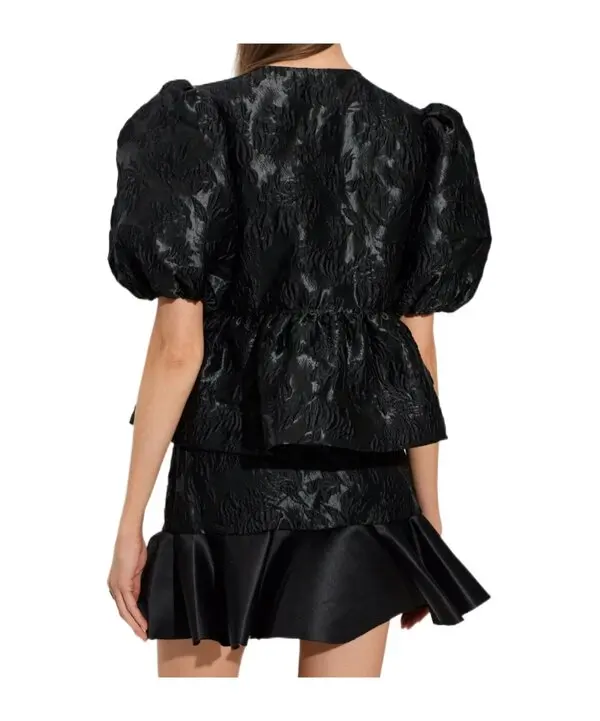 GANNI Peplum Tie Blouse With Puff Sleeves And Floral Embossing - Black