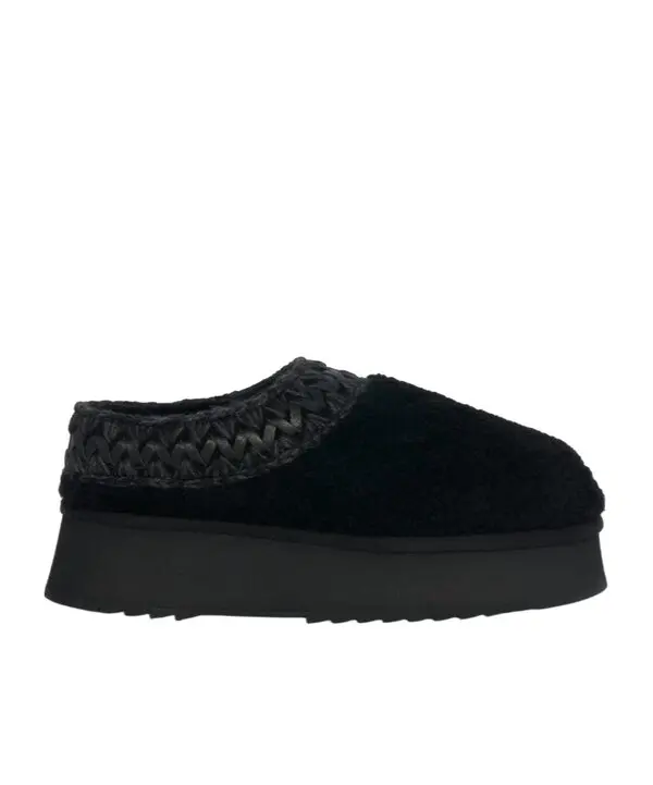 Mou Round-toe Mules With Curly Sheepskin And Crocheted Wool Details