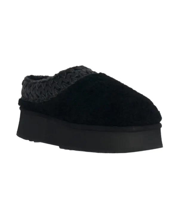 Mou Round-toe Mules With Curly Sheepskin And Crocheted Wool Details