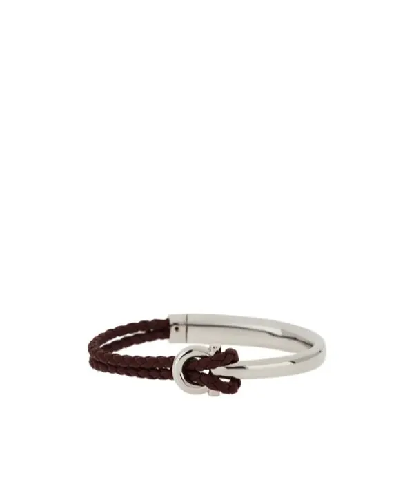 FERRAGAMO Gancini Braided Leather And Palladium-plated Brass Bracelet