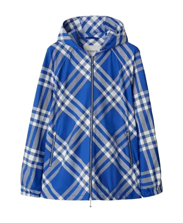 Burberry Checked Hooded Zip-up Jacket - Blue