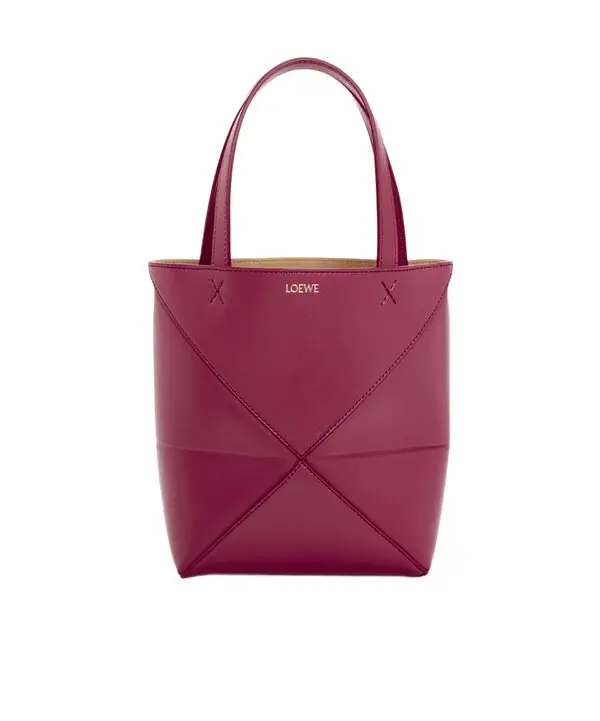 Loewe Mini Puzzle Fold Tote In Shiny Calfskin - Deep Red