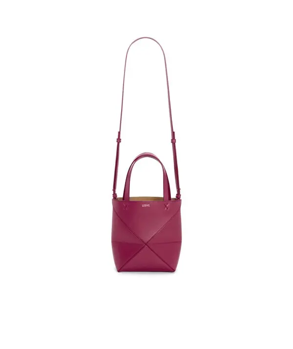Loewe Mini Puzzle Fold Tote In Shiny Calfskin - Deep Red