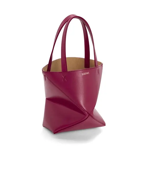 Loewe Mini Puzzle Fold Tote In Shiny Calfskin - Deep Red