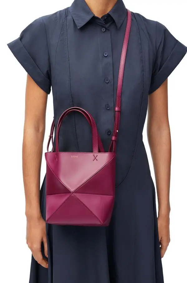 Loewe Mini Puzzle Fold Tote In Shiny Calfskin - Deep Red