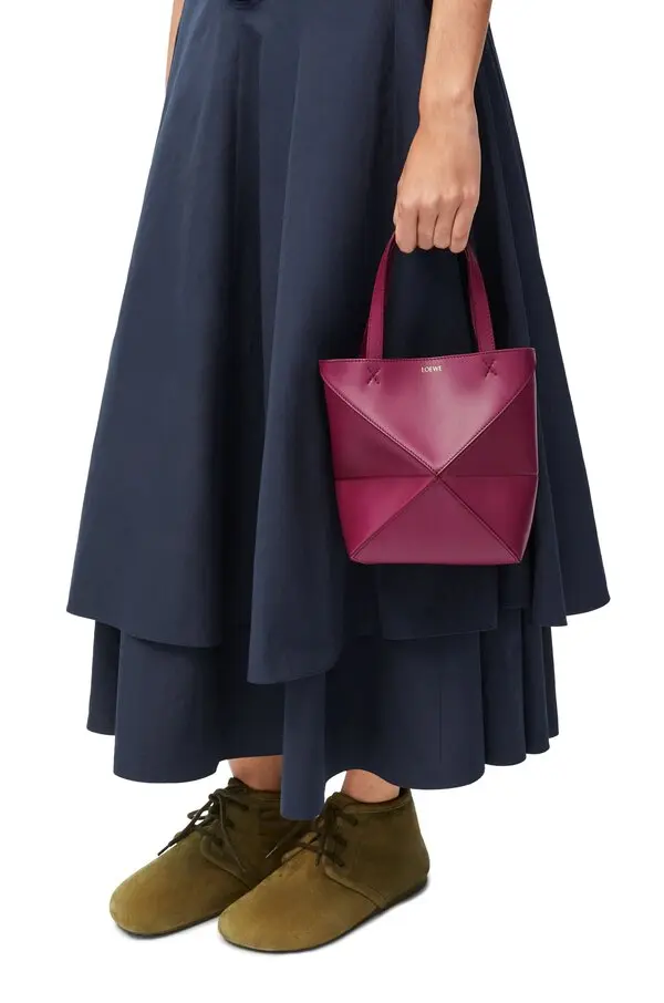 Loewe Mini Puzzle Fold Tote In Shiny Calfskin - Deep Red
