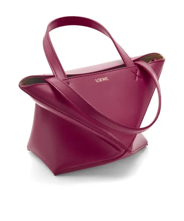 Loewe Mini Puzzle Fold Tote In Shiny Calfskin - Deep Red