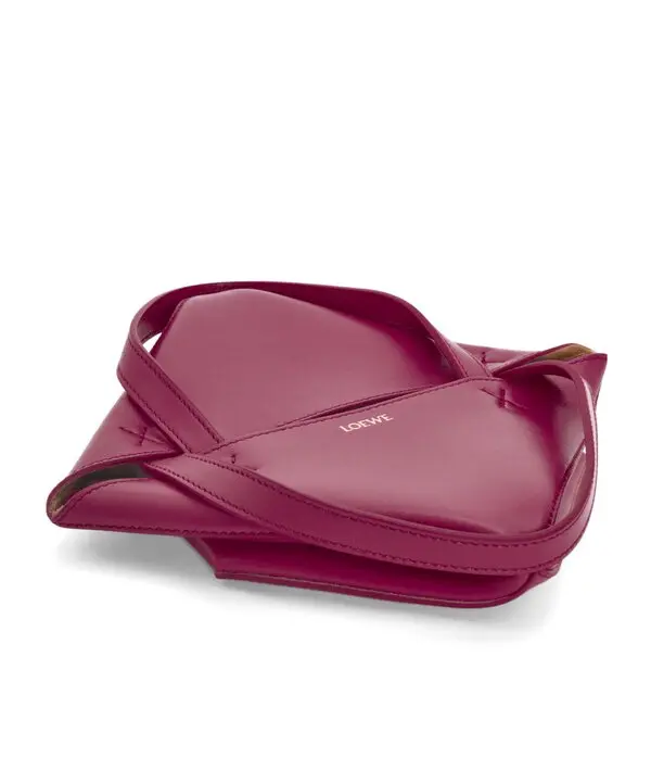 Loewe Mini Puzzle Fold Tote In Shiny Calfskin - Deep Red