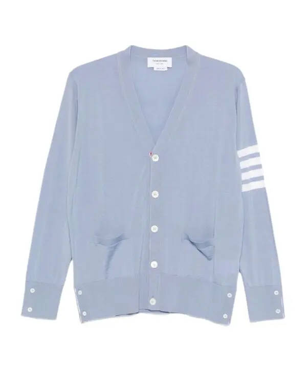 Thom Browne V-neck Fine-knit Cardigan With Striped Details - Blue