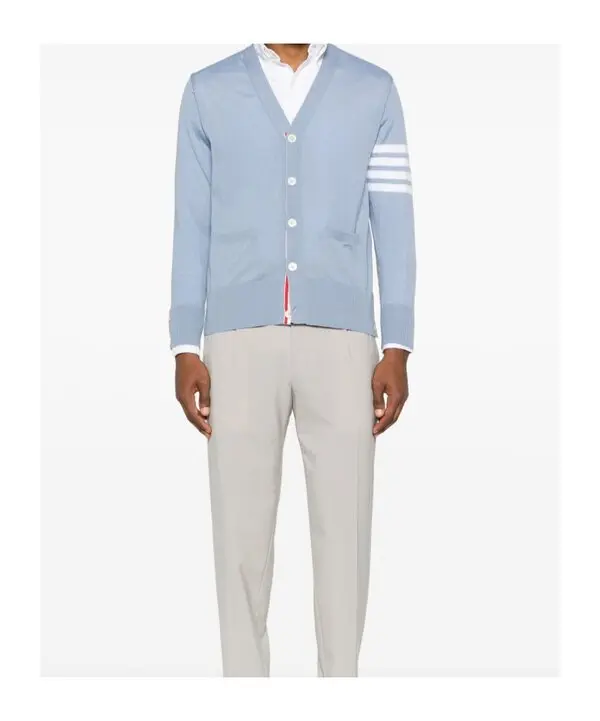 Thom Browne V-neck Fine-knit Cardigan With Striped Details - Blue