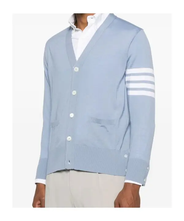 Thom Browne V-neck Fine-knit Cardigan With Striped Details - Blue