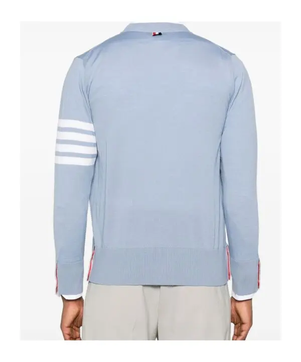 Thom Browne V-neck Fine-knit Cardigan With Striped Details - Blue