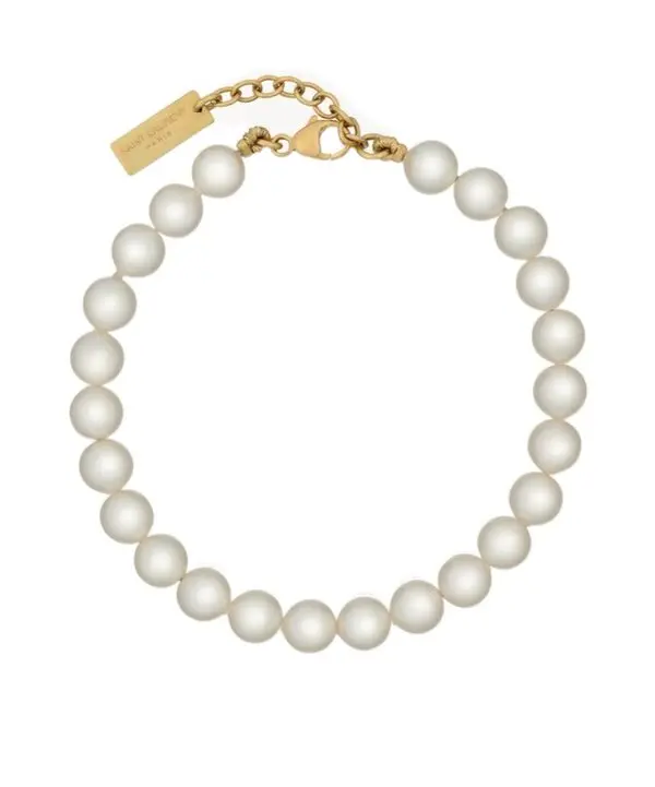 Saint Laurent Logo Engraved Pearl Bracelet - Cream And Gold
