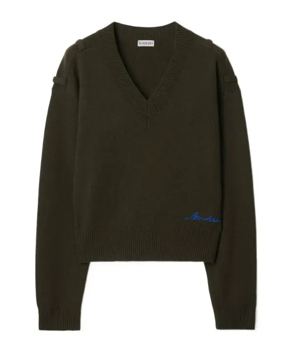 Burberry Cashmere V-neck Sweater With Embroidered Detail
