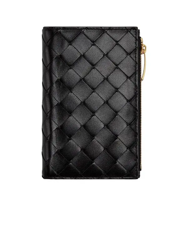 Bottega Veneta Medium Intrecciato Bi-fold Zip Wallet - Black