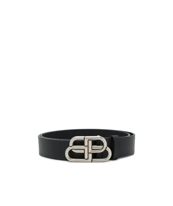 Balenciaga Bb Logo Belt With Silver Buckle - Black