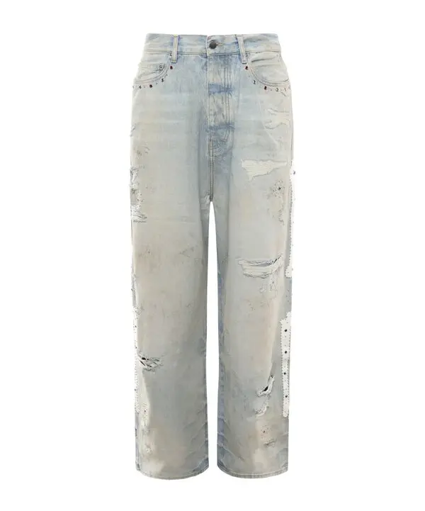Amiri Distressed Bones Studded Baggy Jeans - Gray