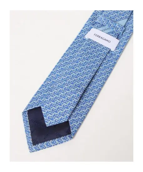 FERRAGAMO Gancini Print Silk Tie - Blue