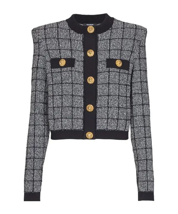 Balmain Light Tweed Cardigan With Lion Head Buttons - Black