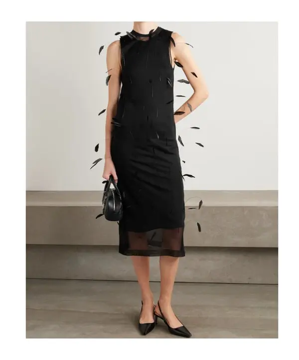 JIL SANDER Sleeveless Feather Trim Maxi Dress