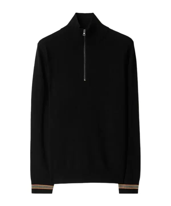 Burberry Half-zip Wool Sweater With Striped Cuffs - Black