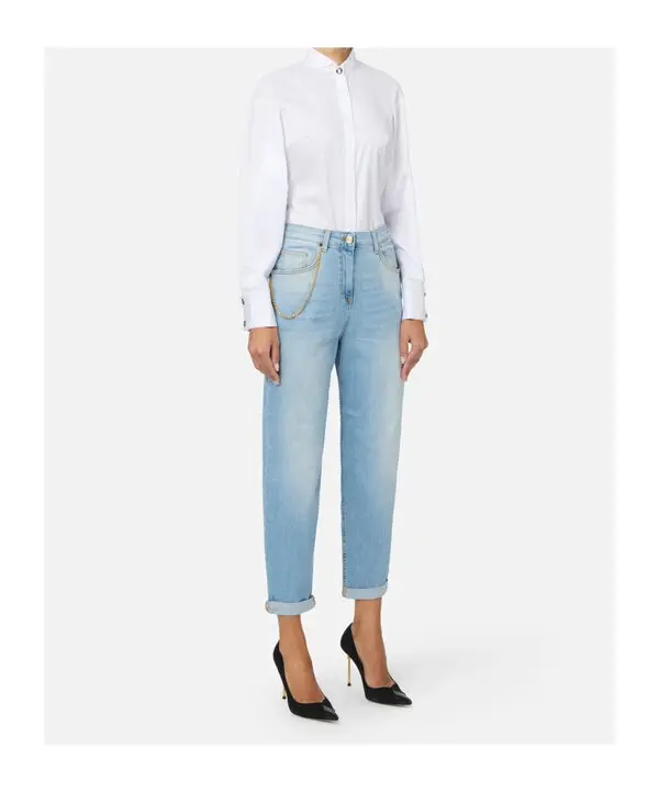 Elisabetta Franchi Light Wash Denim Tassel Chain Boyfriend Jeans