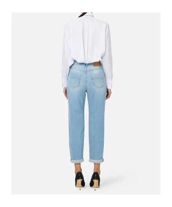Elisabetta Franchi Light Wash Denim Tassel Chain Boyfriend Jeans