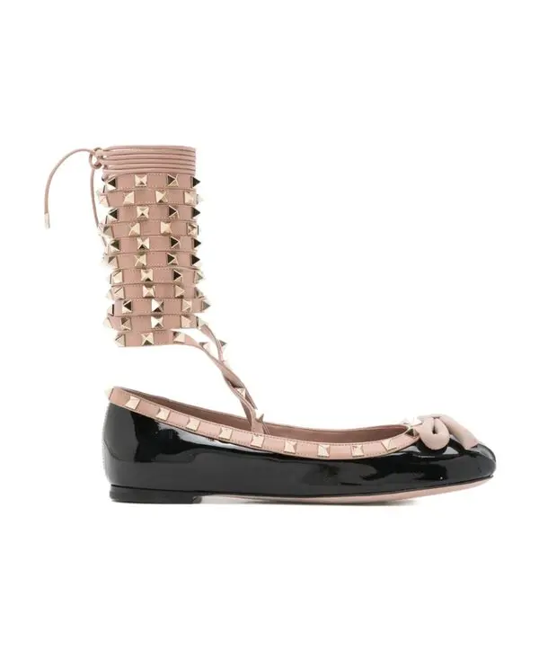 Valentino Garavani Rockstud Lace-up Leather Ballerinas - Black/beige
