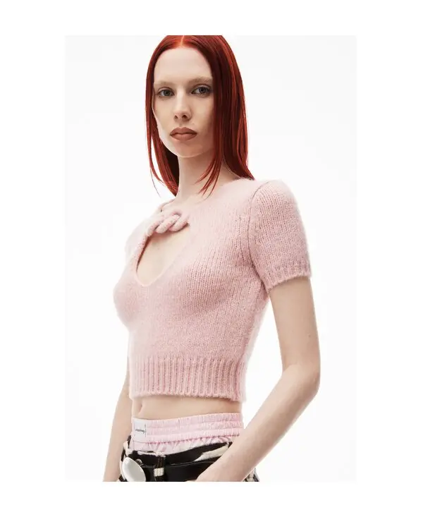 Alexander Wang Short Sleeve Cropped Knit Pullover With Crochet Detail