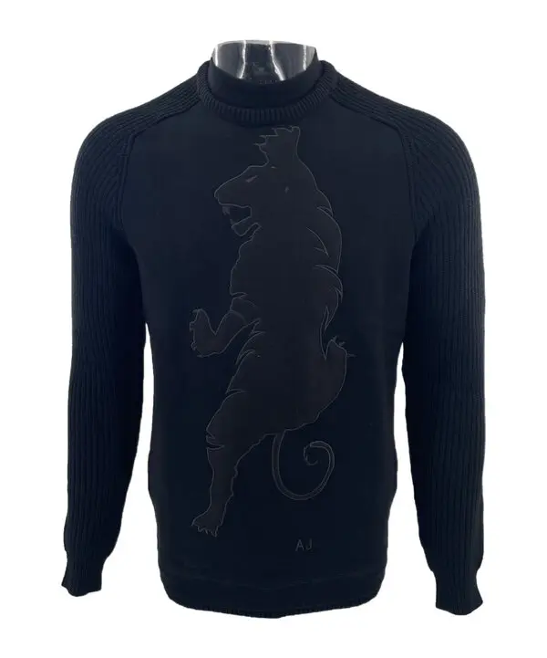 Emporio Armani Tiger Appliqué Ribbed Long Sleeve Sweater - Black