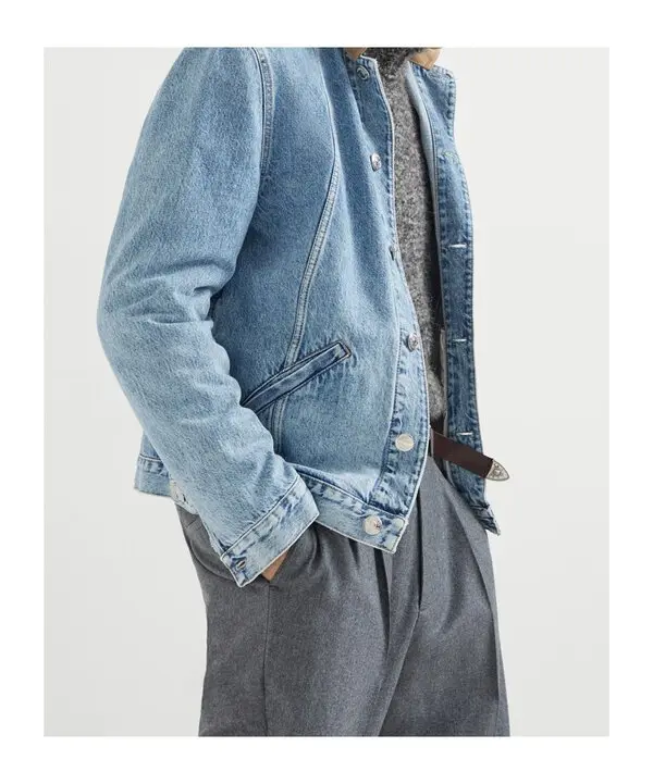 Brunello Cucinelli Denim Jacket With Contrasting Collar - Light Blue