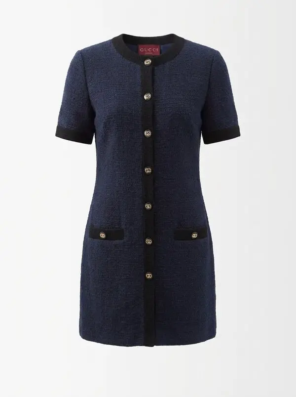 Gucci Textured Tweed Dress With Interlocking G Buttons - Blue