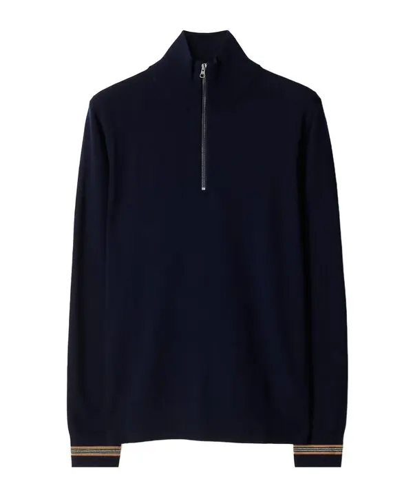 Burberry Wool Half-zip Sweater With Striped Cuffs - Navy Blue