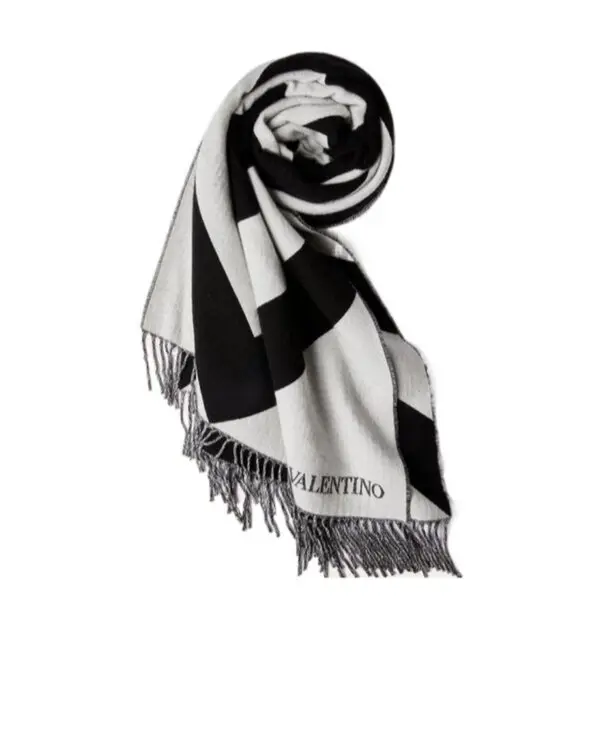 Valentino Garavani Logo Detailed Fringed Edge Scarf - Black
