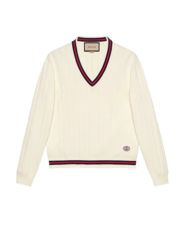 Gucci Cotton Knit V-neck Sweater With Web Trim - No