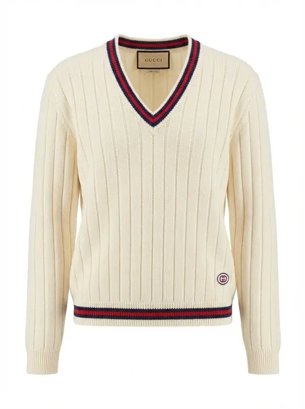 Gucci Cotton Knit V-neck Sweater With Web Trim - White