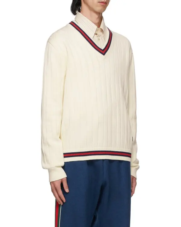 Gucci Cotton Knit V-neck Sweater With Web